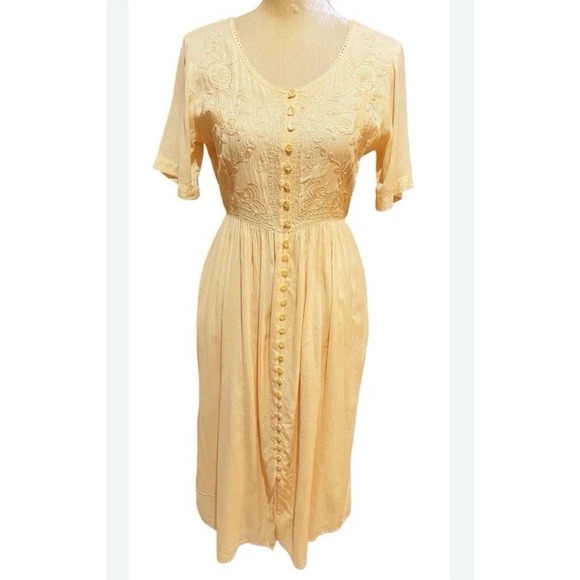 Together | Dresses | Vintage Together Dress M Yellow Gauze Embroidered ...